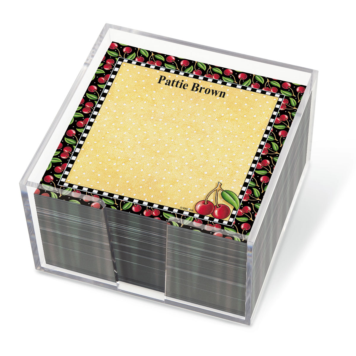 Mary's Cherries Personalized Note Sheets in a Cube | Current Catalog