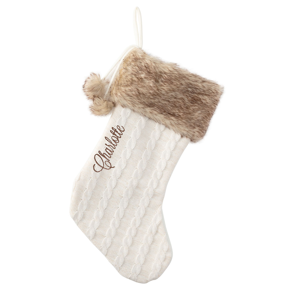 Tan Fur Cuff Cable Knit Personalized Christmas Stocking | Current Catalog