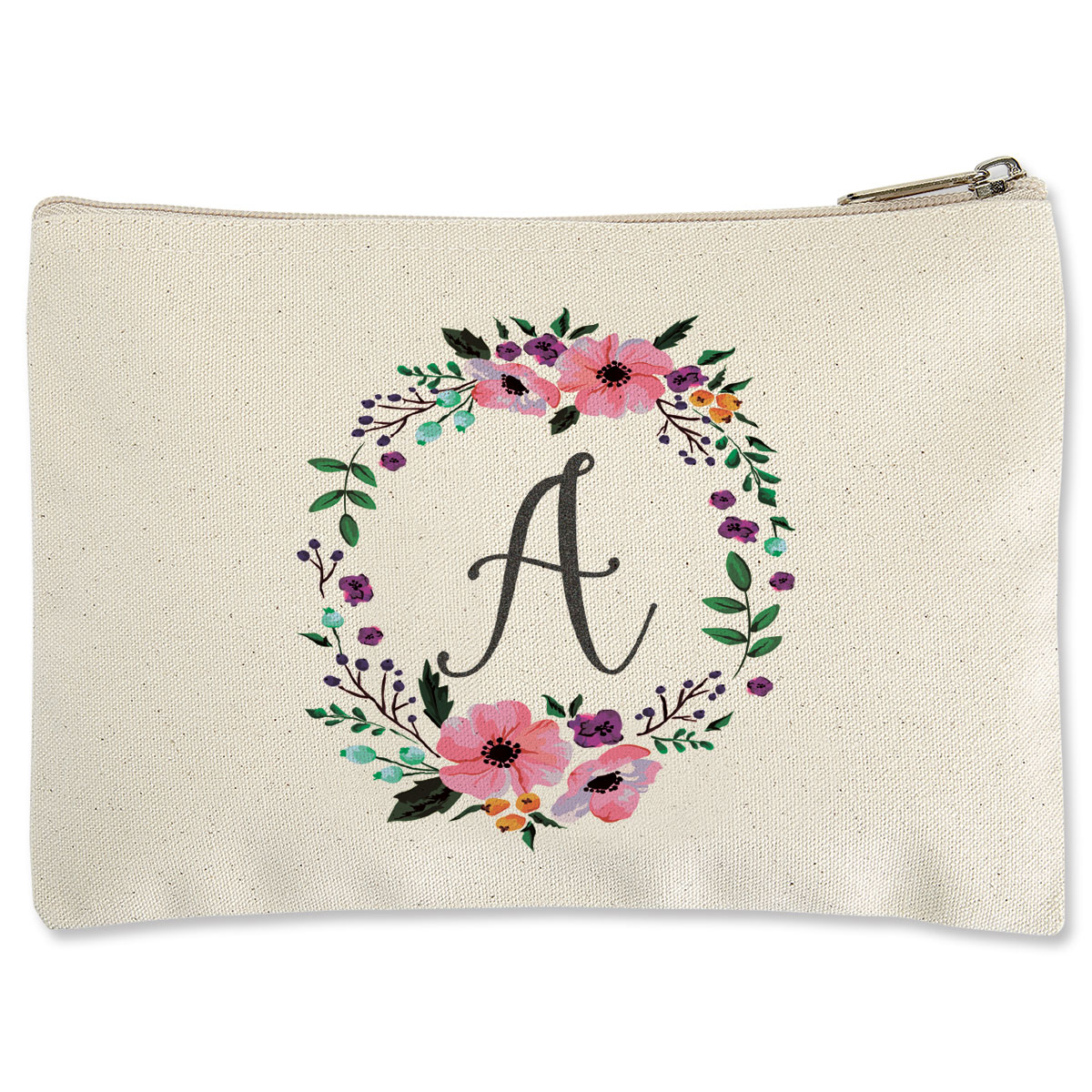 Initial in Wreath Zippered Canvas Pouch | Current Catalog