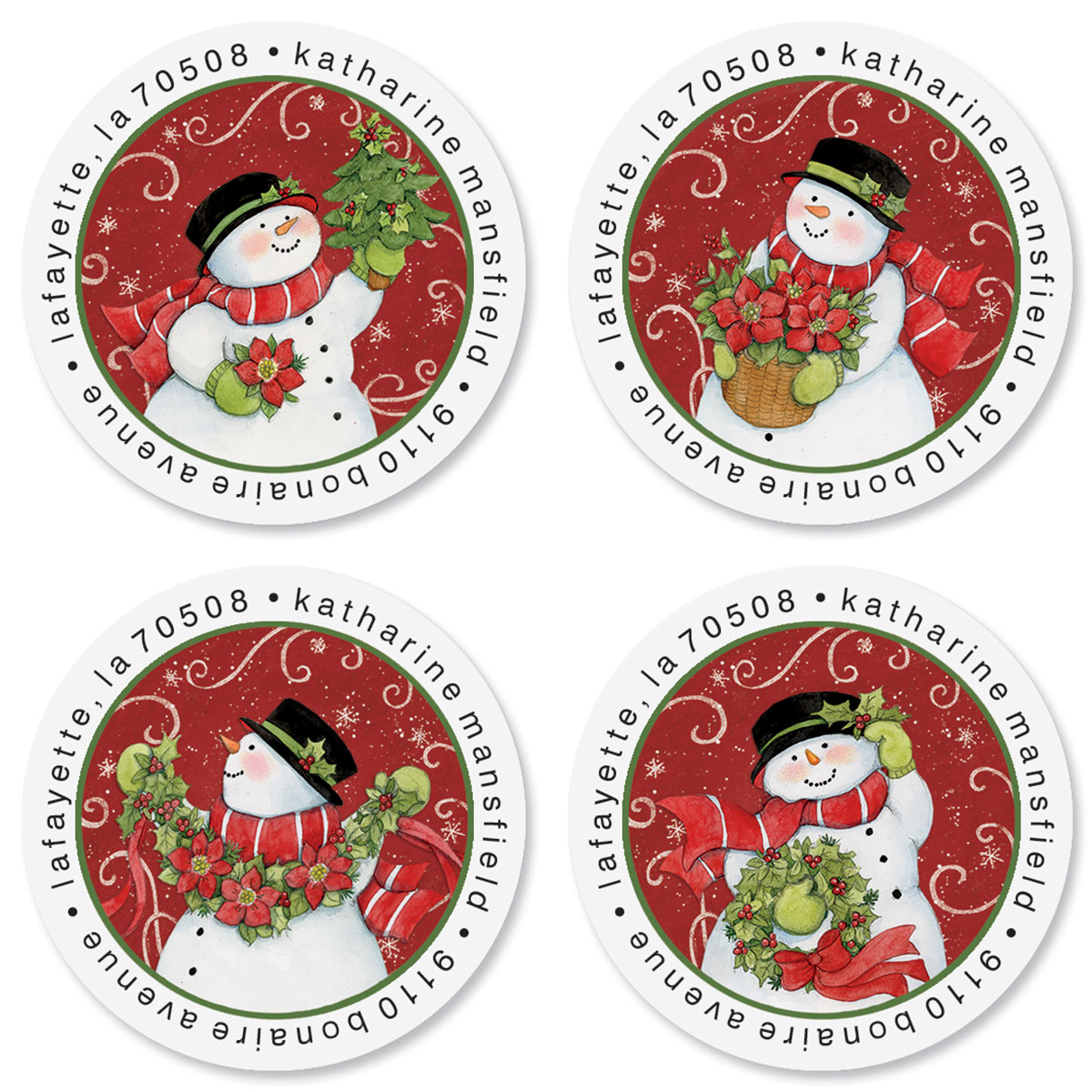 Holiday Magic Snowmen Round Address Labels (4 Designs) | Current Catalog