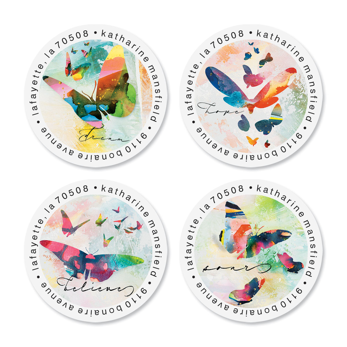 Flutterbye Round Address Labels (4 Designs) | Current Catalog