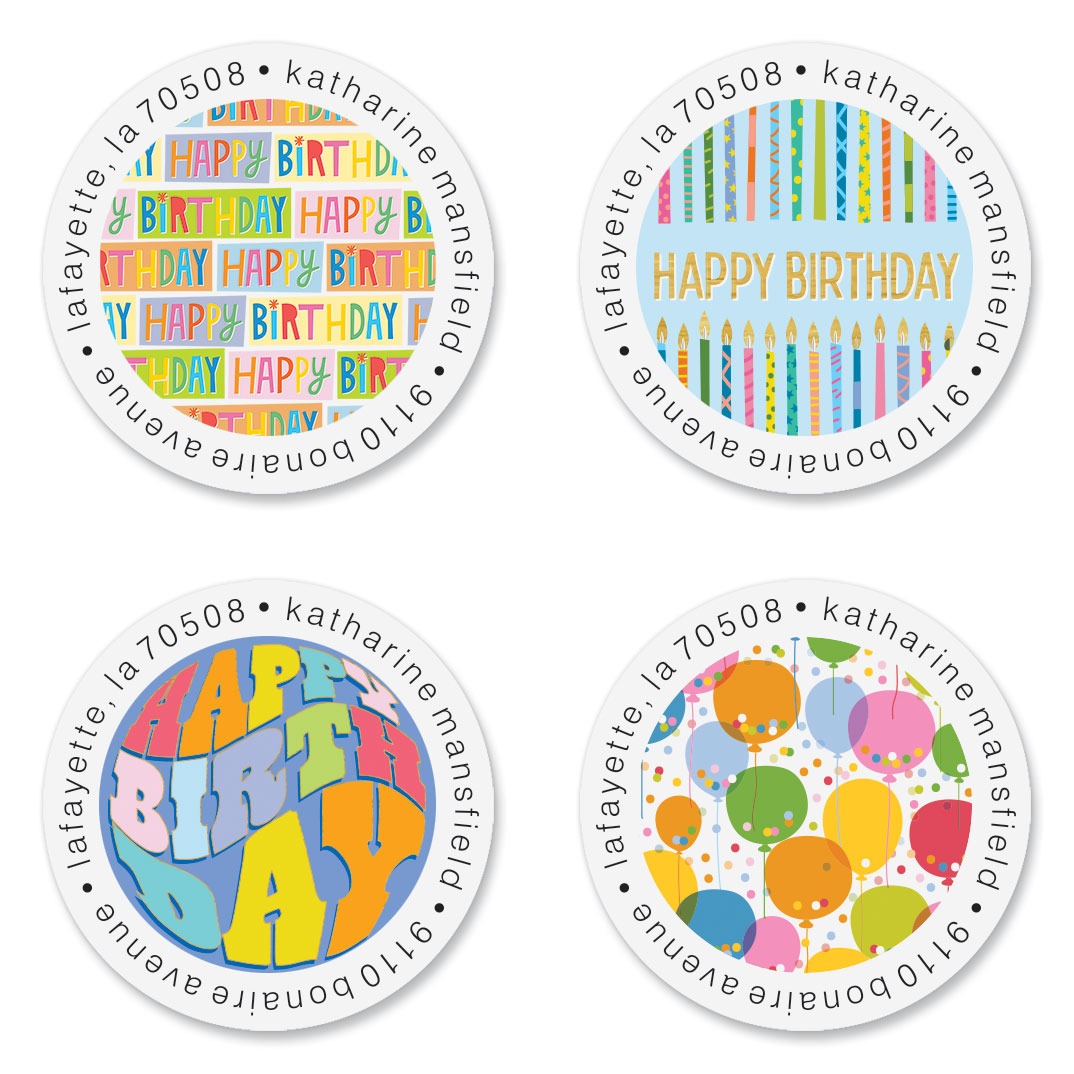 Rainbow Birthday Round Return Address Labels (4 Designs) | Current Catalog