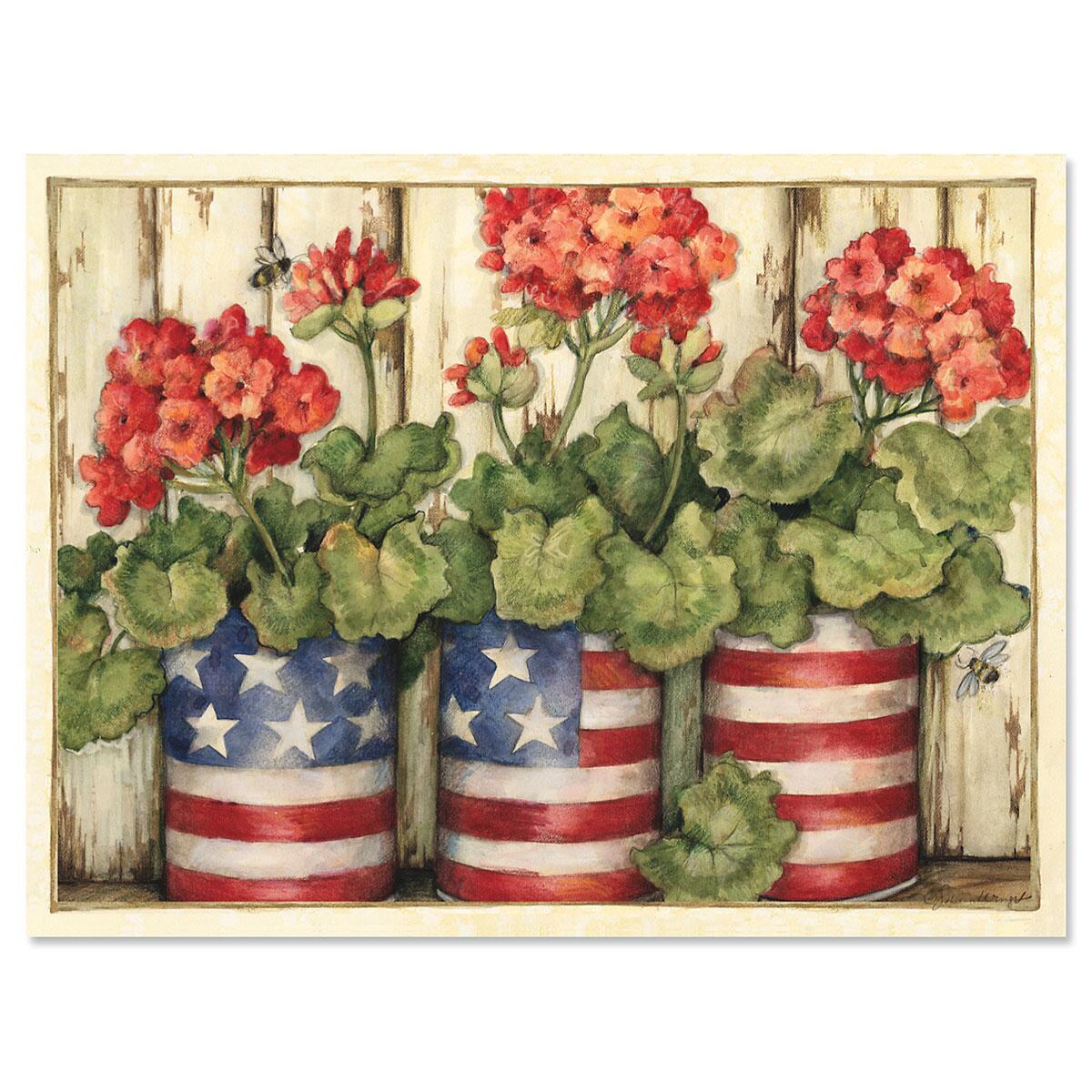 Geraniums in Patriotic Pots Note Cards - BOGO | Current Catalog