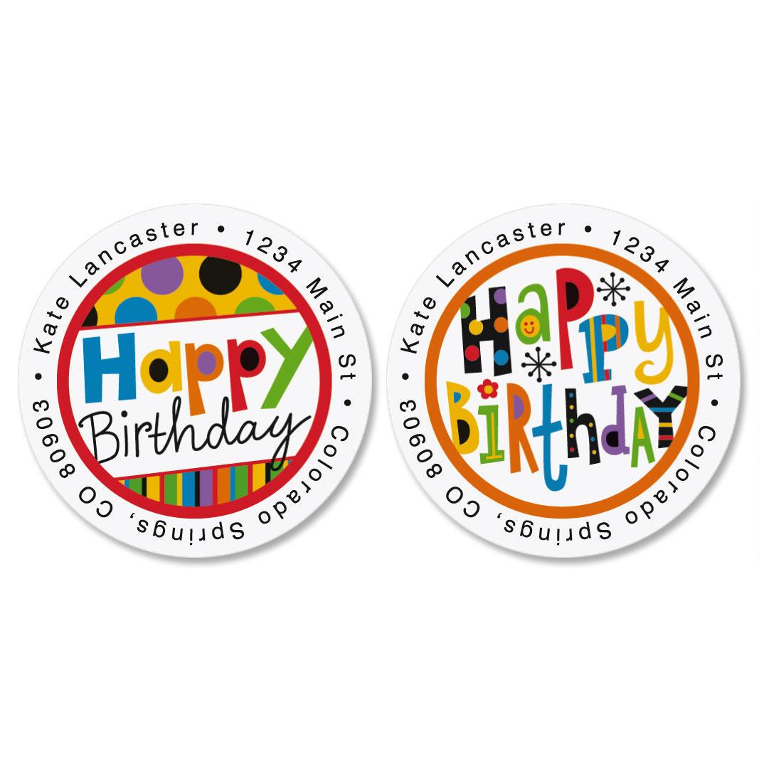 Happy Colorful Birthday Round Address Label (2 Designs) | Current Catalog
