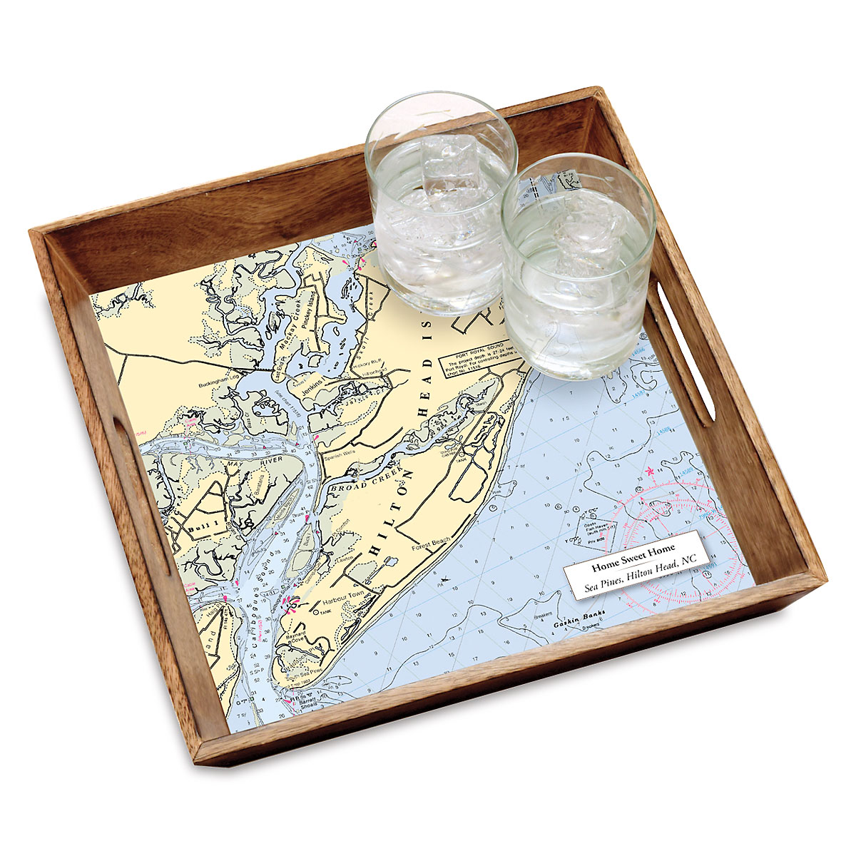 Nautical Chart Personalized Serving Tray in Burnt Wood | Current Catalog