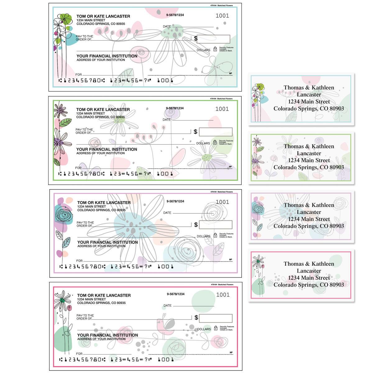 Sketched Flowers Single Checks with Matching Address Labels | Current ...
