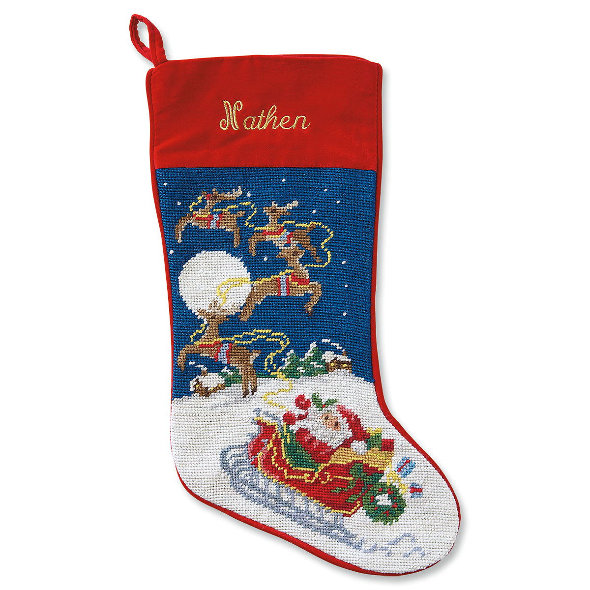 Sleigh & Reindeer Heirloom Needlepoint Personalized Christmas Stocking ...